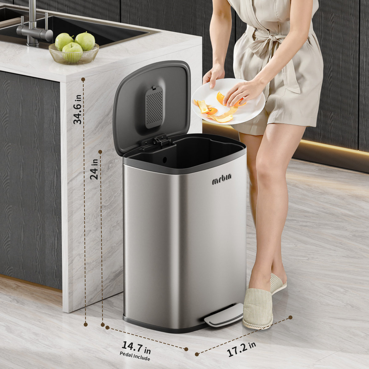 mrbin Stainless Steel Kitchen Trash Can with Lid, 13gal / 50L Step Tall Kitchen Pedal Garbage ...